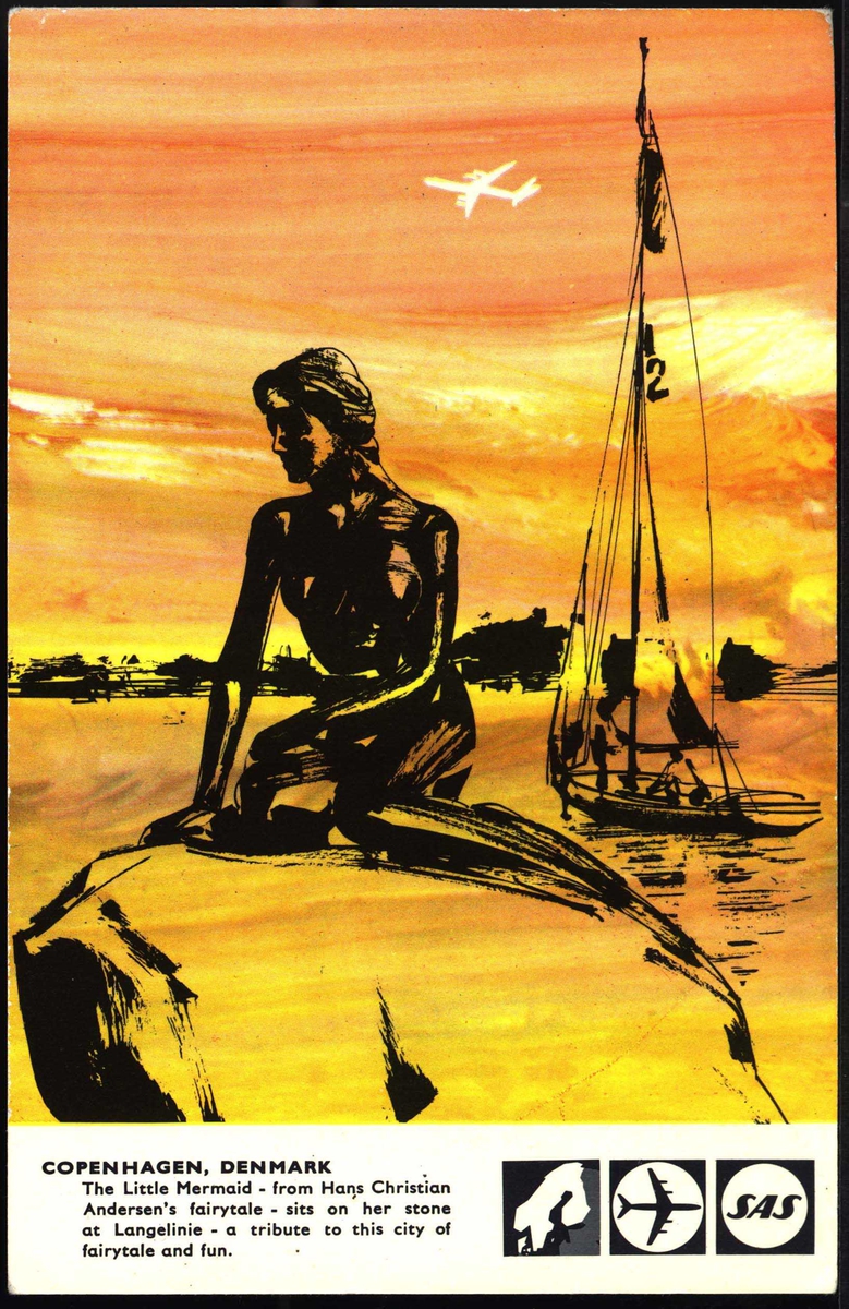 Reklame for SAS. SAS postkort.Den lille havfrue, Kjøbenhavn. - Norsk ...