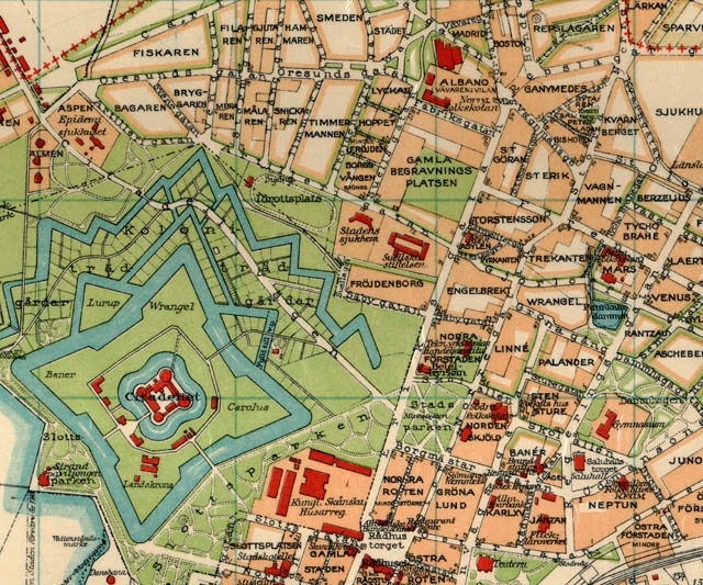 Utsnitt ur karta över Landskrona 1918. I centrum dåvarande ...