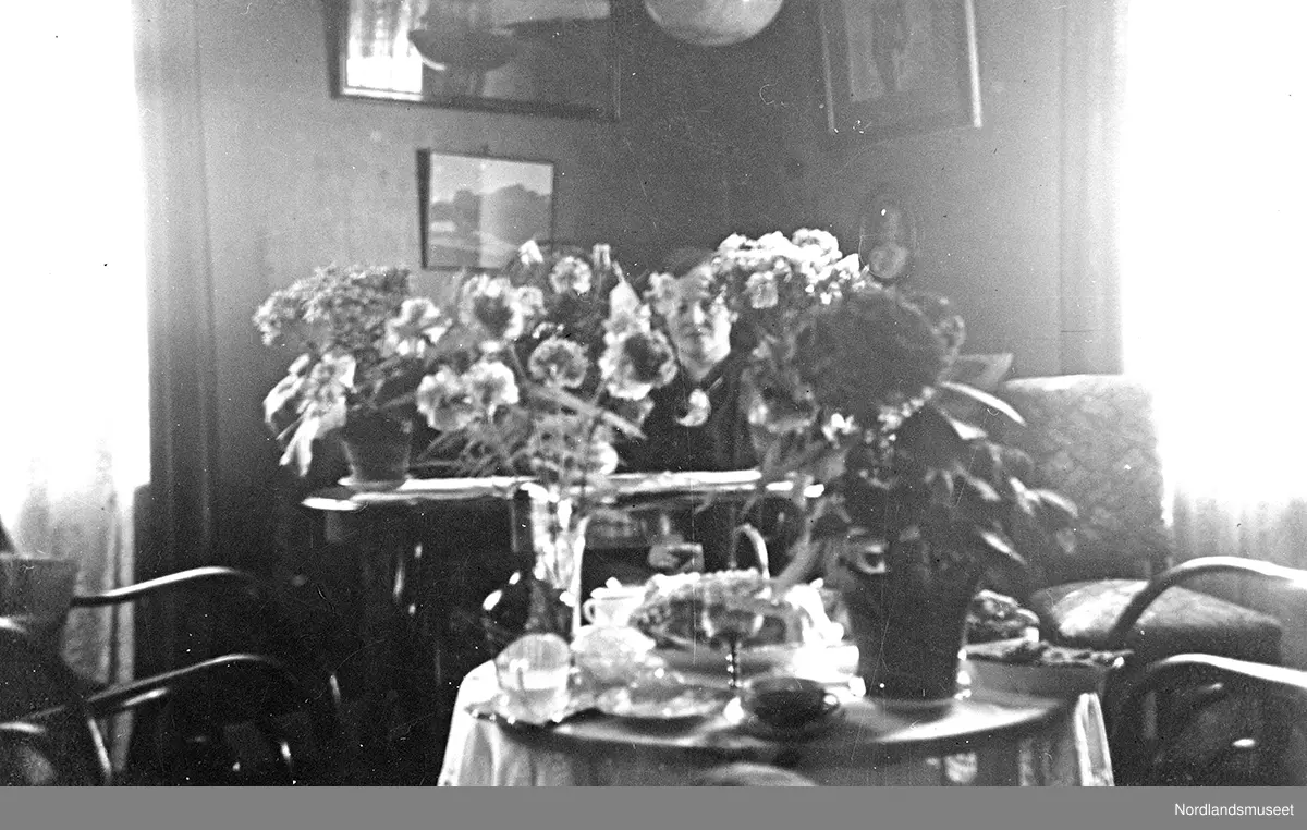 Portrett. Helga Vatten omgitt av masse blomster. Bilder på veggen bak ...