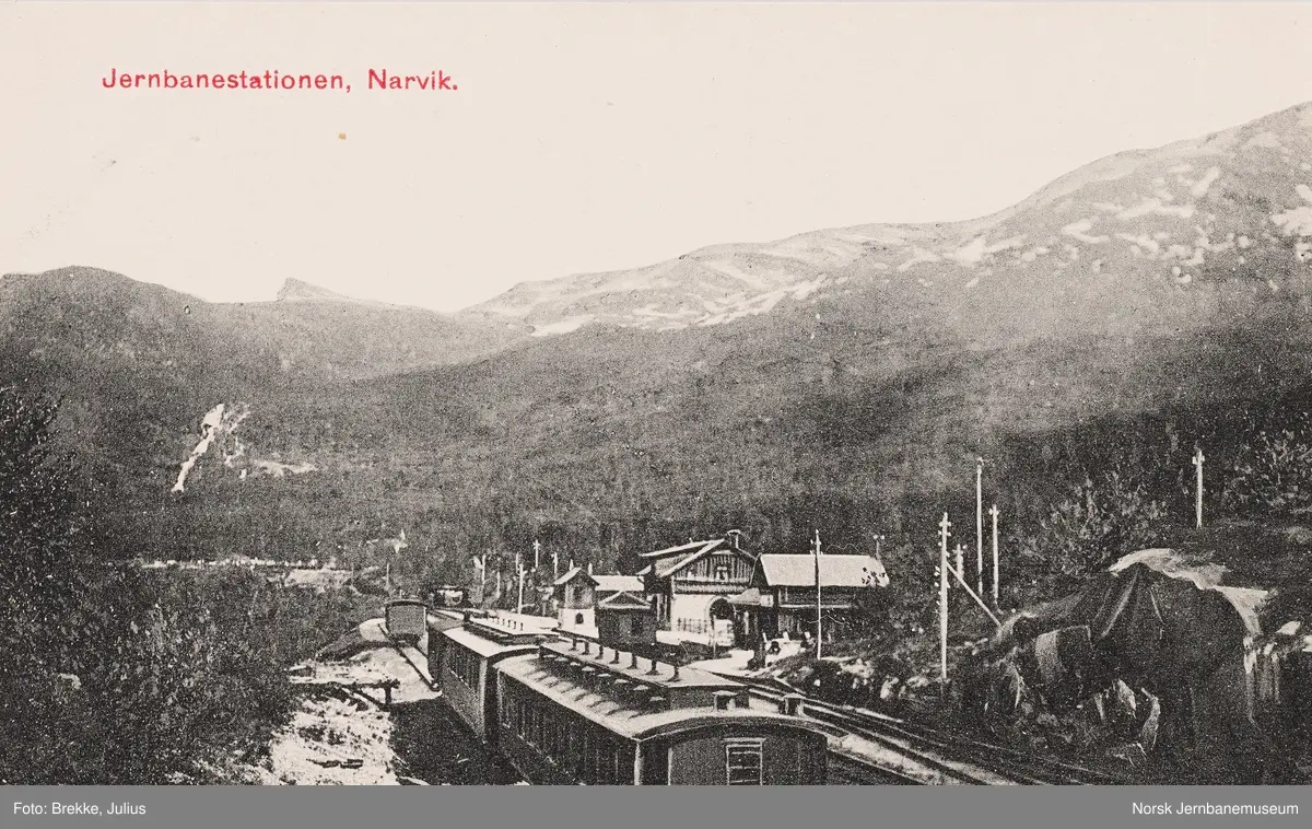 Narvik stasjon med godshus og stillverkshus. Personvogner i forgrunnen ...