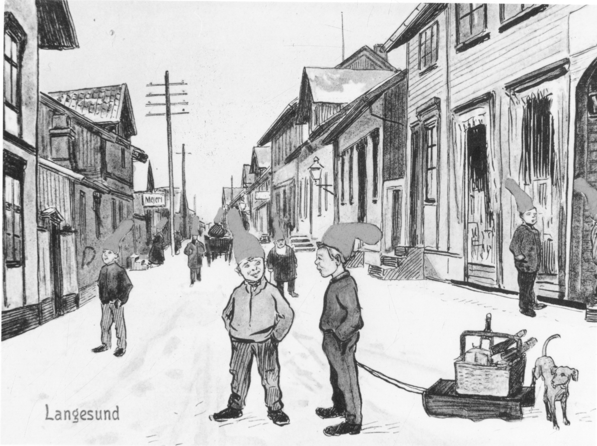 Julekort med tegning fra Langesund. - Telemark Museum / DigitaltMuseum