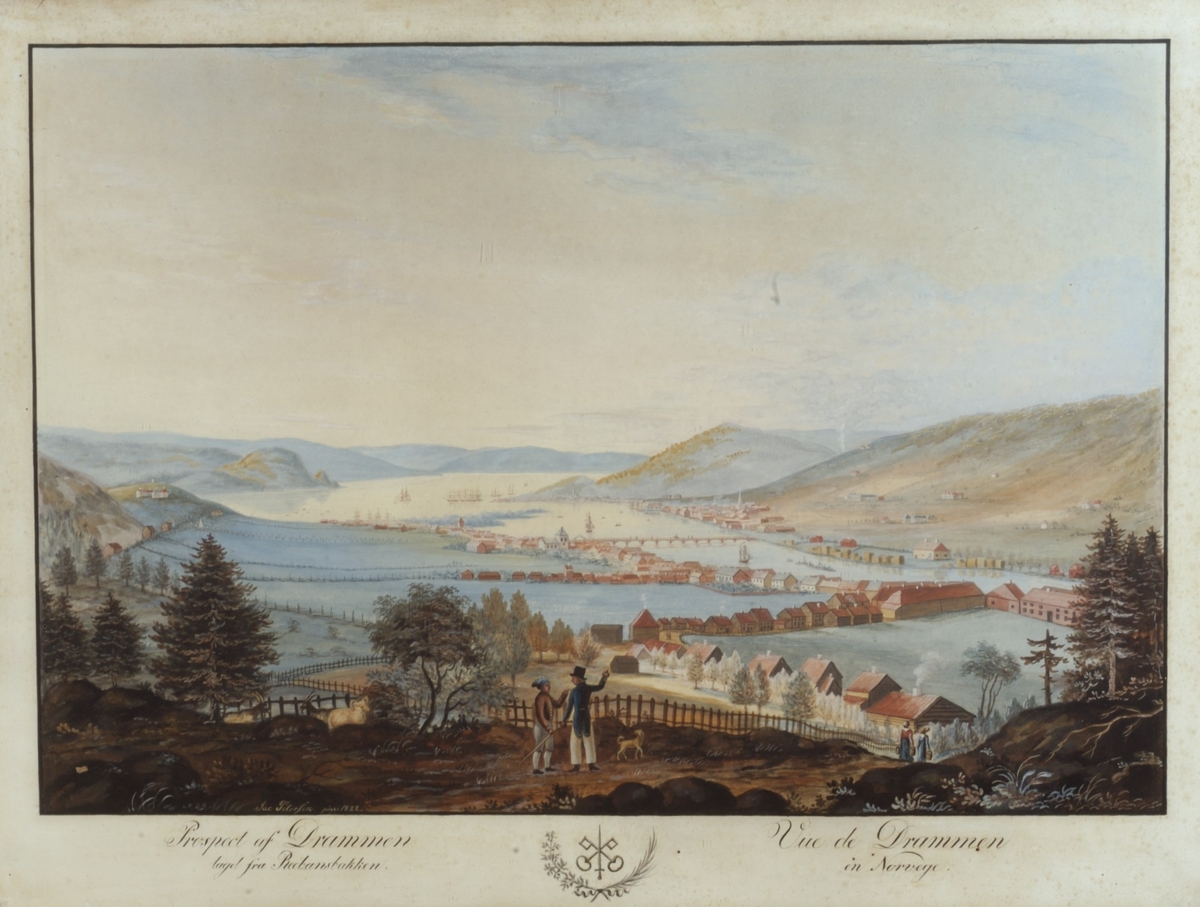 Drammen sett fra Rebbansbakken [Tegning] - Drammens Museum / DigitaltMuseum