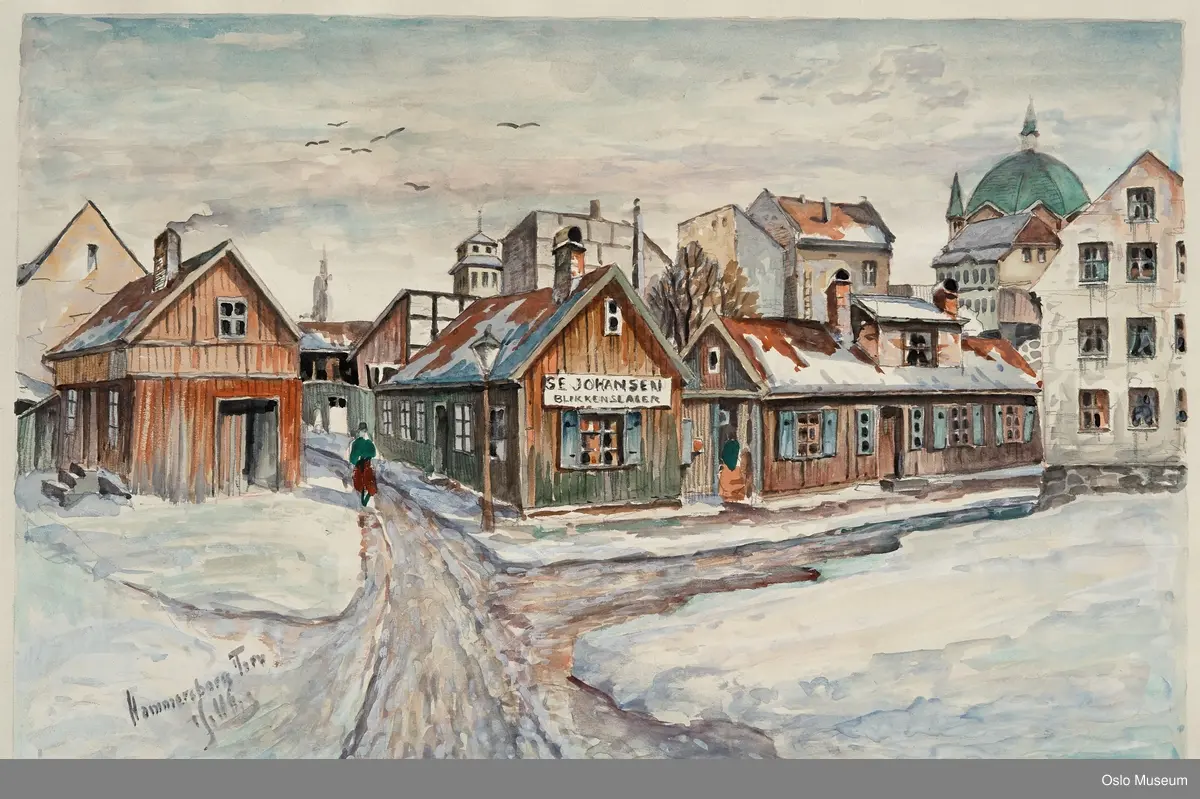 Hammersborg Torv [akvarell] - Oslo Museum / DigitaltMuseum