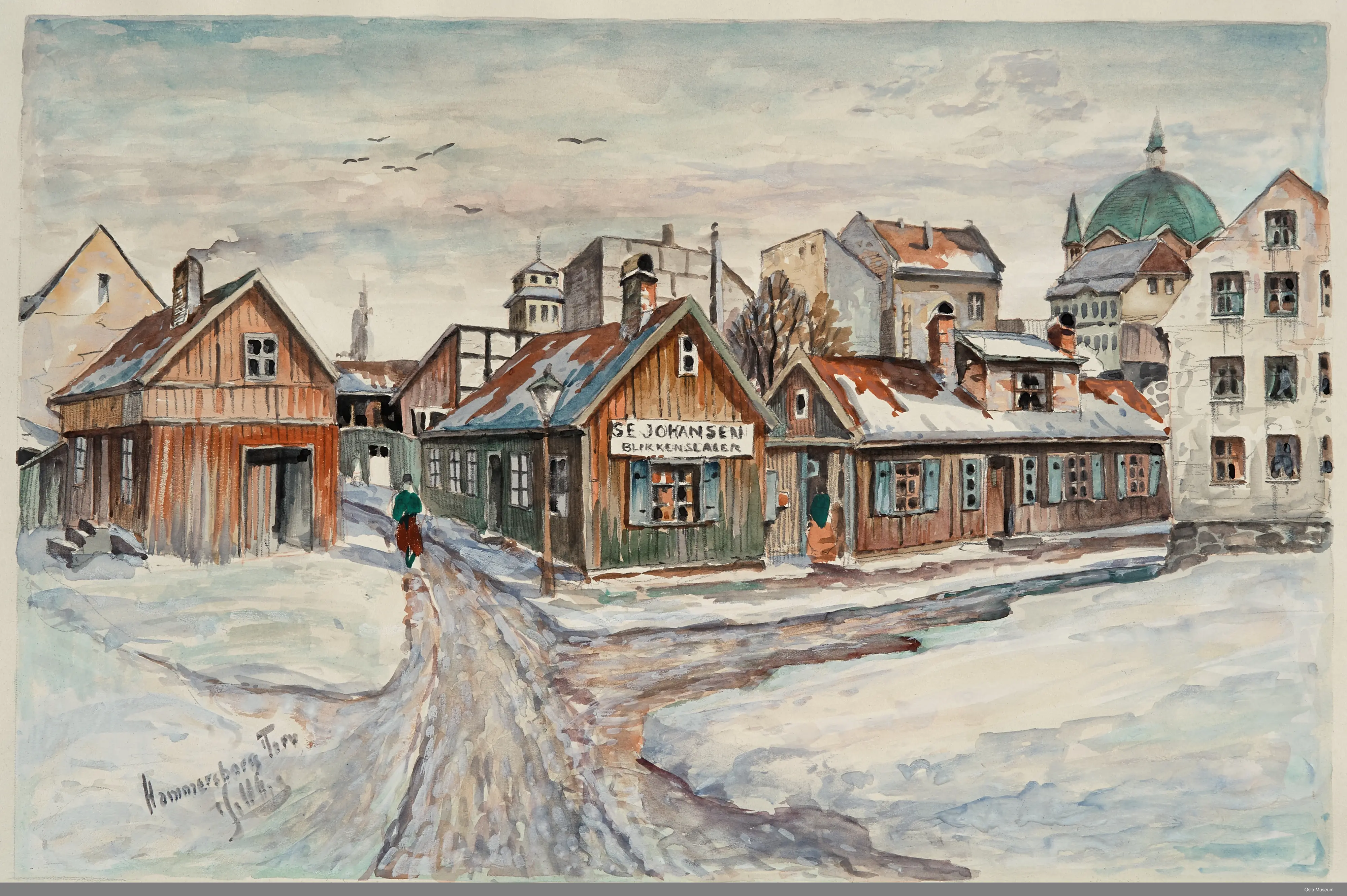 Hammersborg Torv [akvarell] - Oslo Museum / DigitaltMuseum