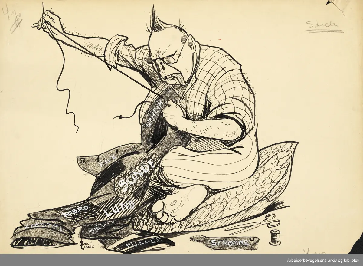 Tegning av Jan Lunde. Venstre politiker Johan Ludwig Mowinckel sitter ... Tegning av Jan Lunde. Venstre politiker Johan Ludwig Mowinckel sitter ...