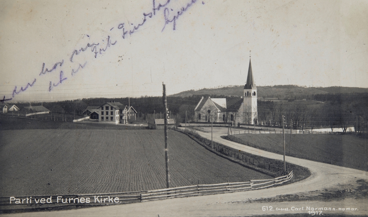 Postkort, Ringsaker, Furnes kirke, Kirkenær skole, Frøbergvegen ...