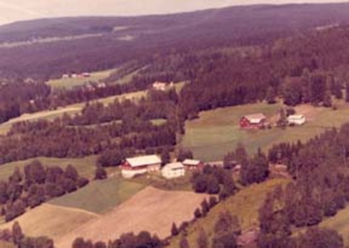Flyfoto av Pinnerudbakken, Furnes, Ringsaker. Rønningsbakken til høyre ...