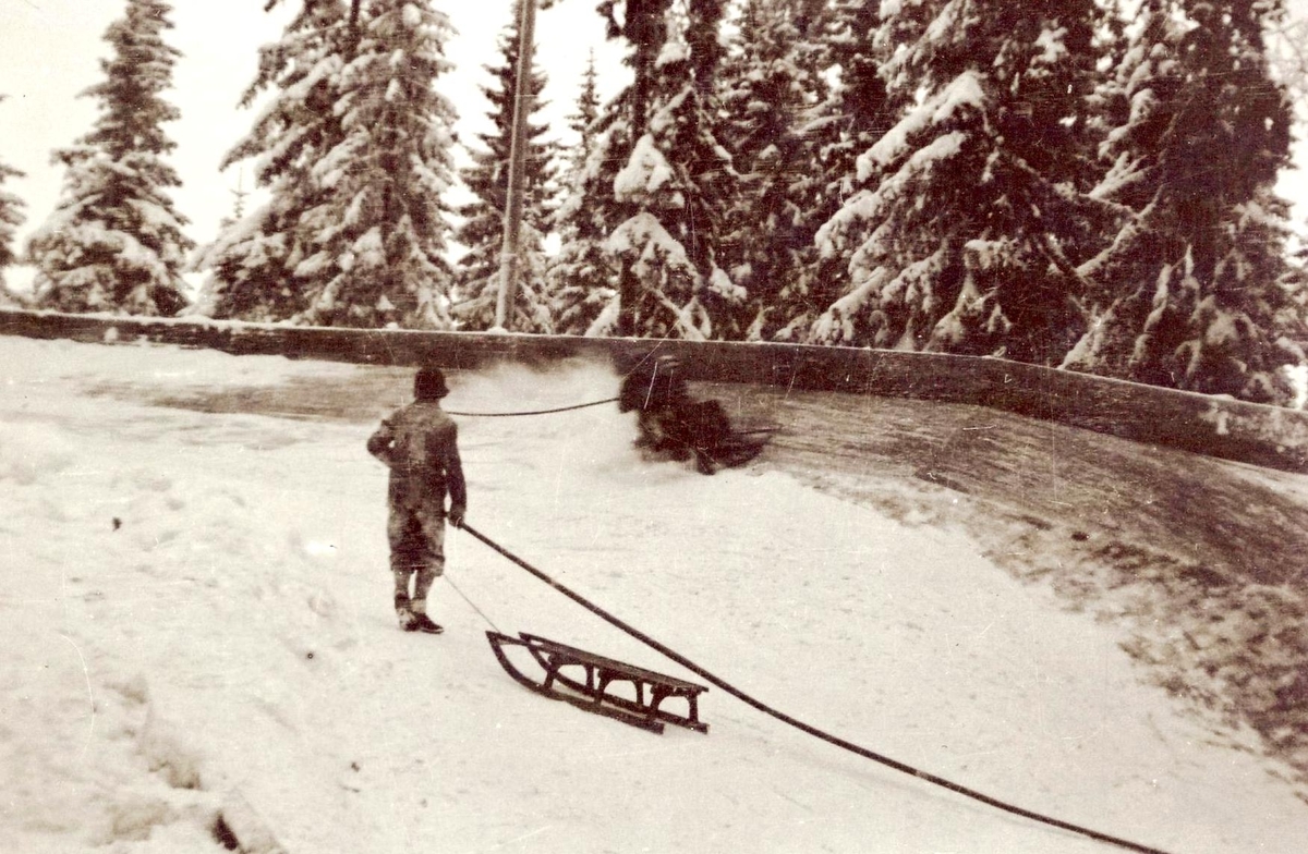 To personer i akebakke m / kjelke og styrestang - Telemark Museum ...