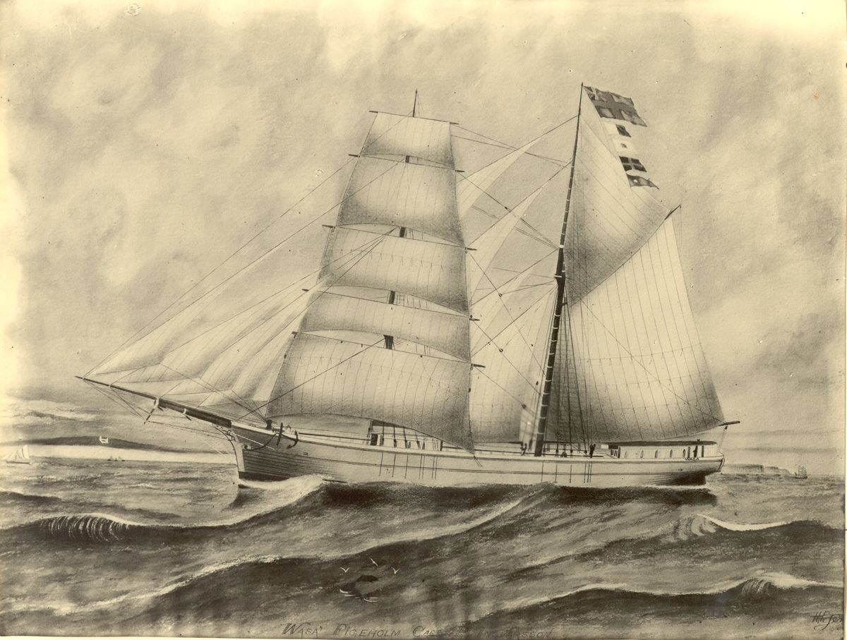 Skonert från Figeholm, kapten P.Ingvarsson. Originalmålning i Figeholm ...