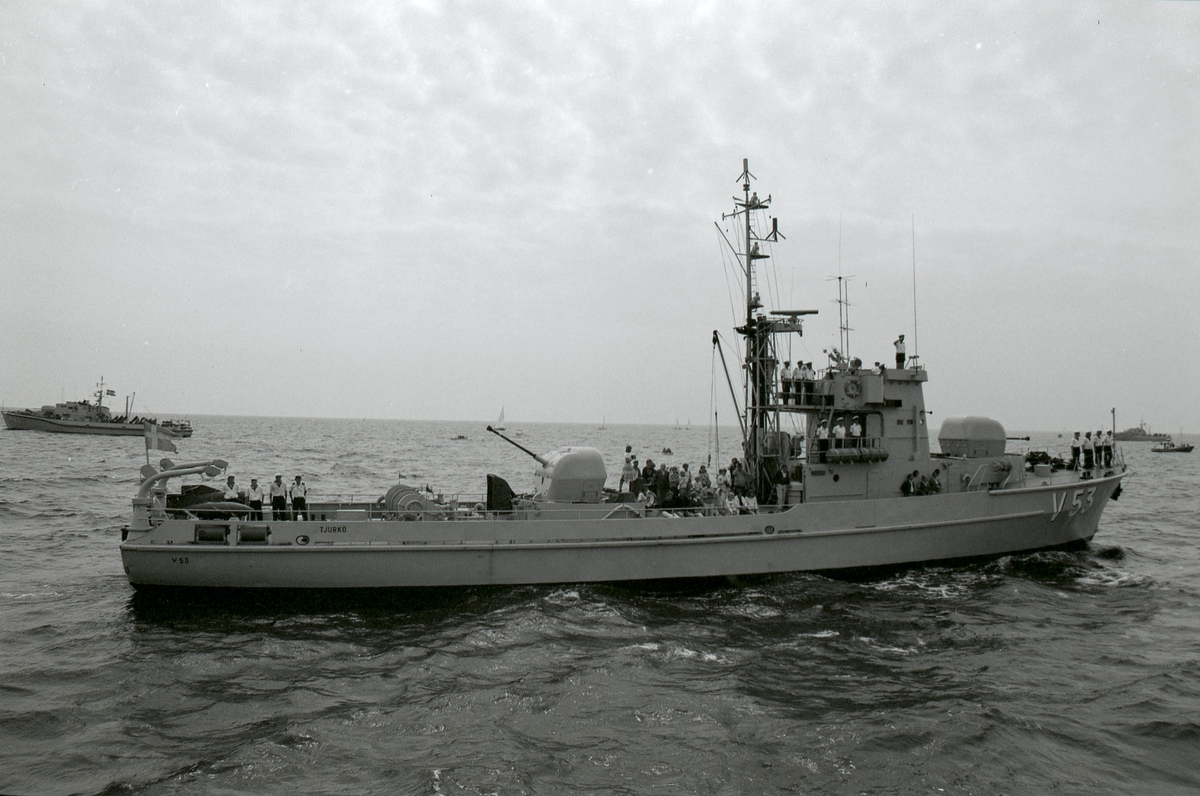 Minsveparen HMS Tjurkö, numera ägd av kungahuset, i Tall Ships race ...