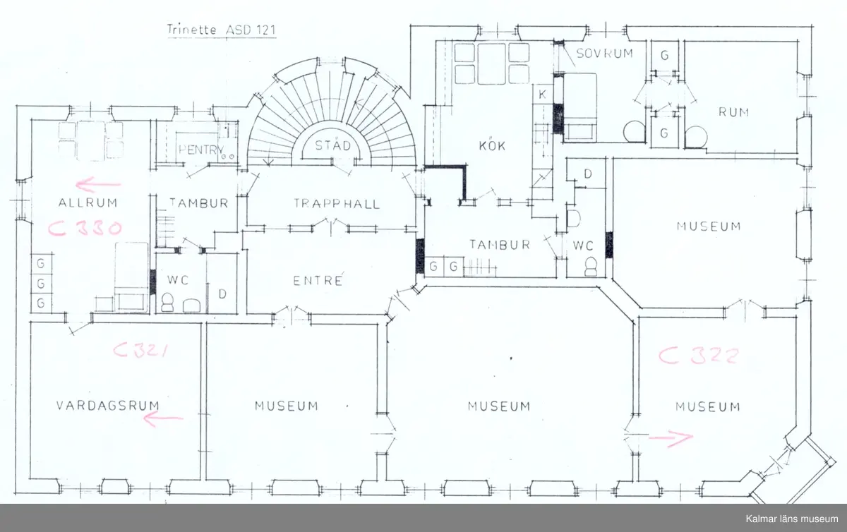 Sjöfartsmuseet planritning av våning 1 trappa. Skala 1-100. Trinette ...