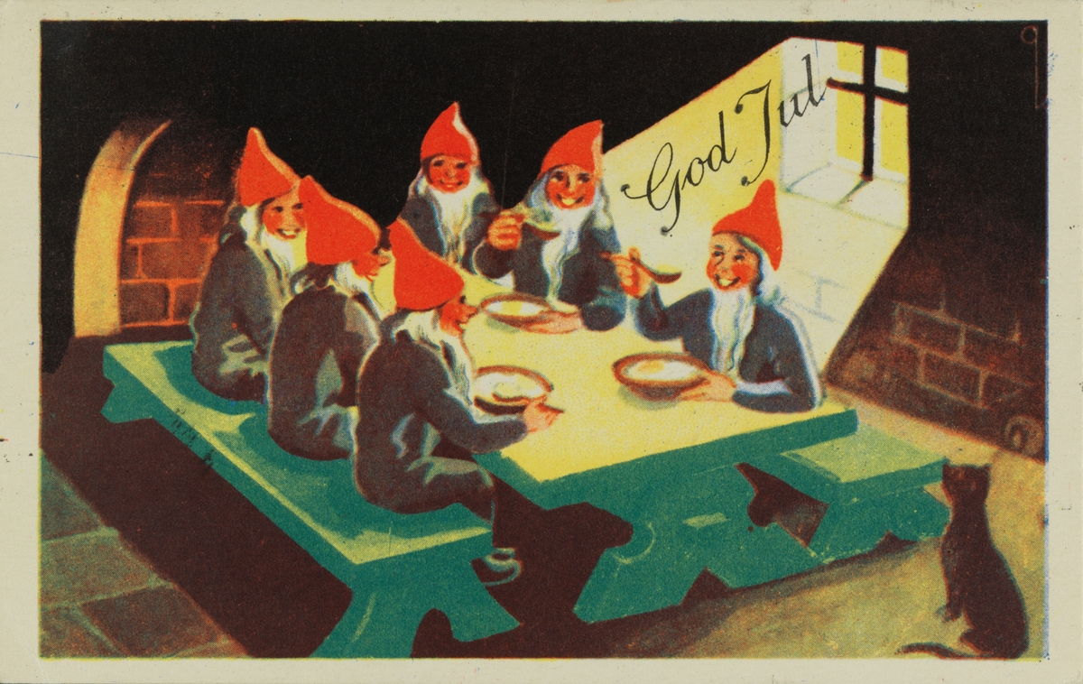 Julekort. Julehilsen. Seks nisser sitter rundt et bord og spiser grøt ...