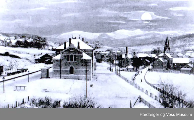 Voss Stasjon, i måneskin, NSB - Hardanger og Voss Museum / DigitaltMuseum