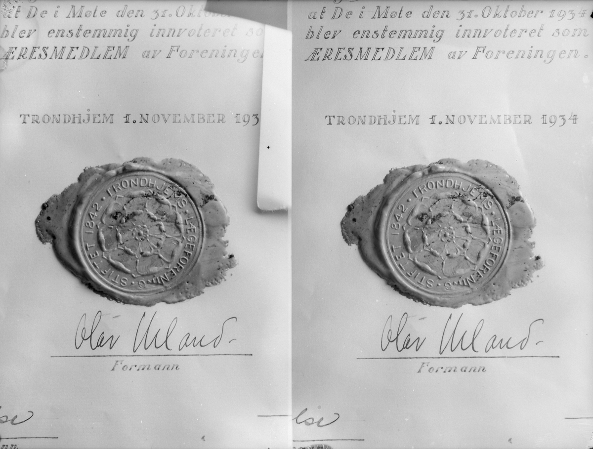 Diplom til tidligere overlege ved Trondheim Sykehus, Alexander Martinus ...