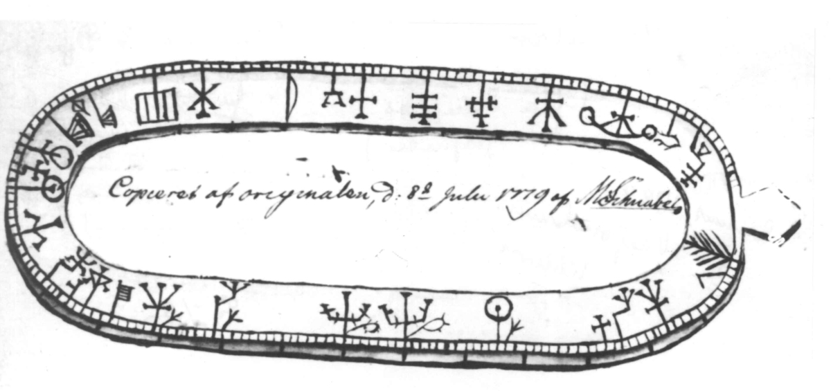 Primstav, tegnet, fra Gjein, Stokke, datert 1521. Sommersiden ...