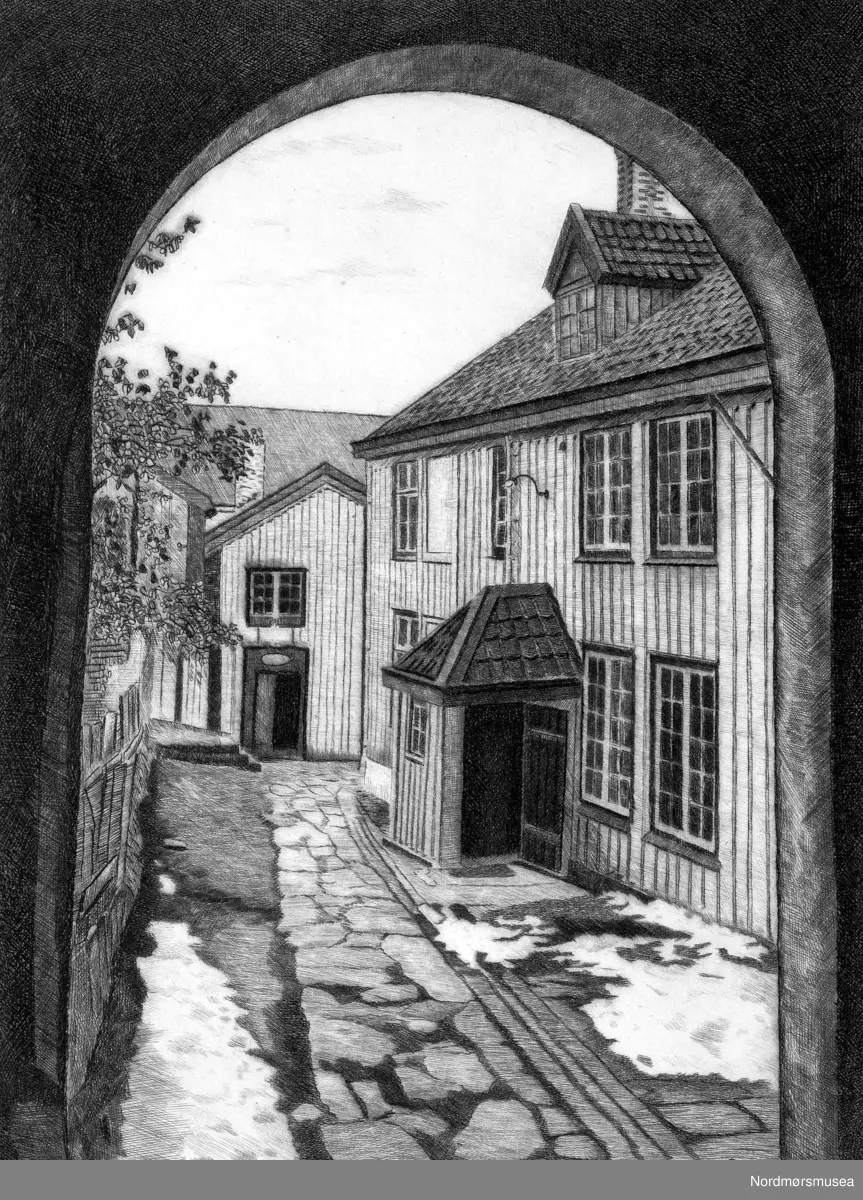 Tegning av Clausengården i Storgata på Kirkelandet, Kristiansund ...