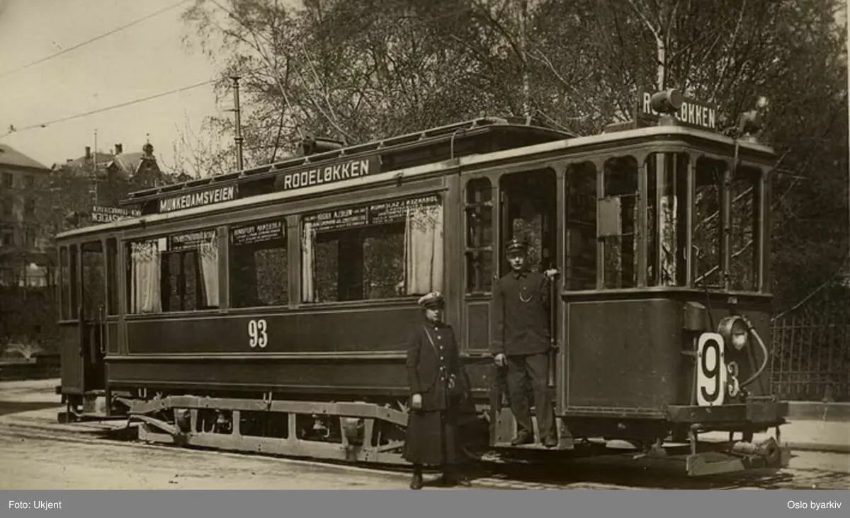 Grønntrikk motorvogn 93 type SS lang (fra 1914) linje 9, Rodeløkka ...