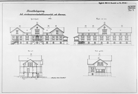 Hamar, Sorhamar, Ridehuset, arkitekttegninger av administrasjon - kontorbygningen som ble ...